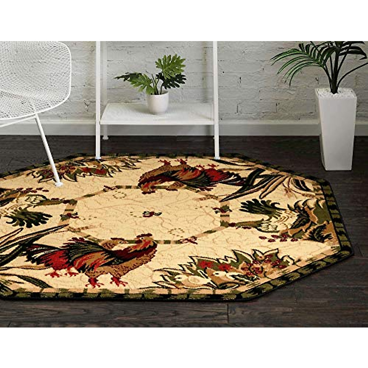 Unique Loom Barnyard Collection French Country Inspired Cottage Rooster Design Area Rug (5' 0 x 5' 0 Octagon, Ivory/Olive)