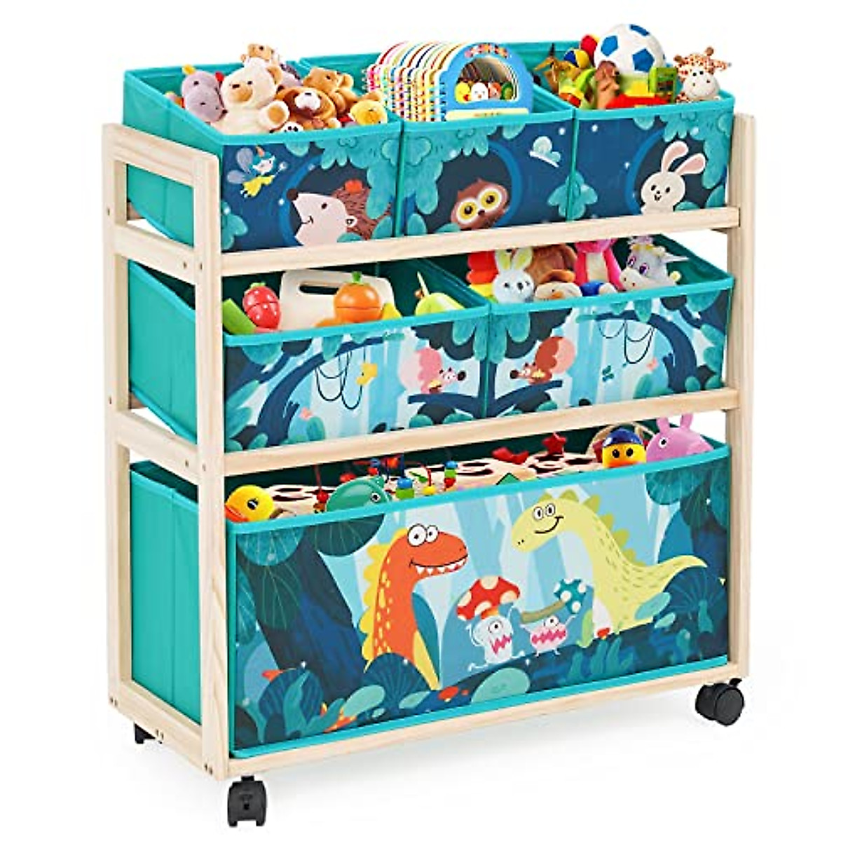 Toy Storage Organizer with Wheels, Utility Storage Cabinet, Rolling Cart with Large Storage Bins for Hold ing Toys, Books, Blankets, Blocks