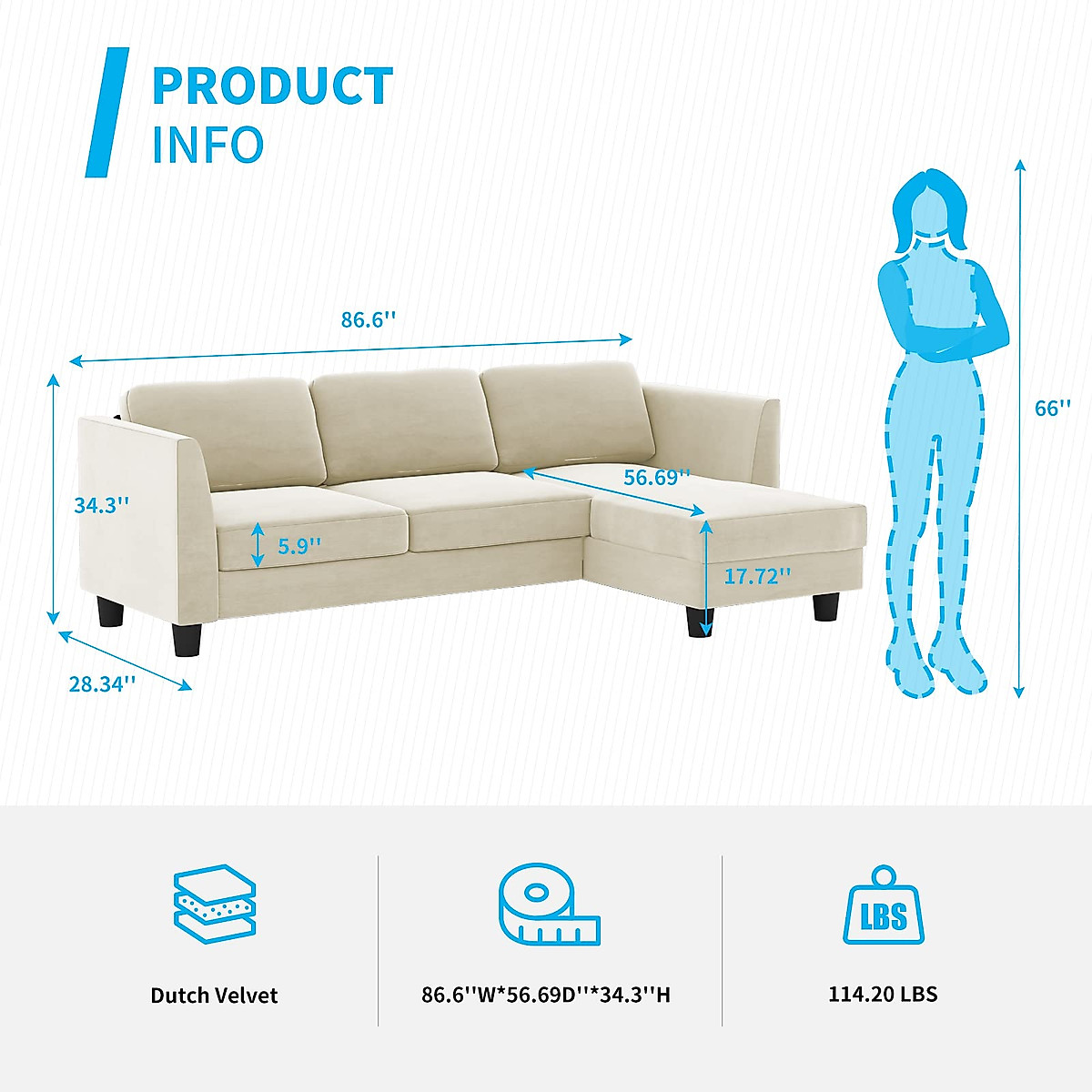 Mjkone Convertible Sectional Sofa Couch, 86'' W Velvet Sofas for Living Room, L Shaped Couches with Reversible Chaise, Couch Office/Bedroom/Living Room (Beige) Creamy White