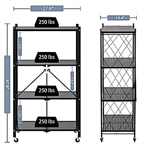 MYDENIMSKY 4 Tier Storage Shelf, Heavy Duty Foldable Shelving Units with Wheels, Metal Storage Rack, Wire Shelving Units No Assemble Required, Moving Easily Great for Laundry Garage Kitchen, Black