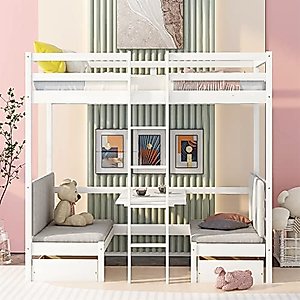 MERITLINE Twin Over Twin Bunk Bed, Convertible Dorm Loft Bed with Desk and Storage Drawers for Kids Teens, No Box Spring Needed (White Loft Bunk Beds)