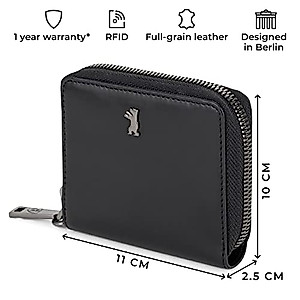 BERLINER BAGS Premium Leather Wallet Geneva, RFID Shielded Zip-Around Card Case with Neck Strap for Men, Women - Black