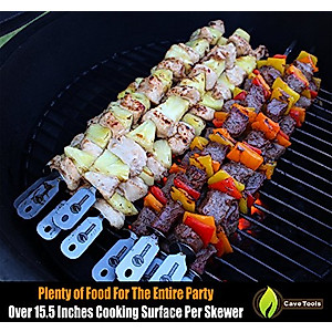 Cave Tools Skewers Set - 10 Stainless Steel Wide BBQ Kebob Sticks for BBQ Grill - Flat Metal with Food Remover Disc - BBQ Accessories, 17.3 Inch