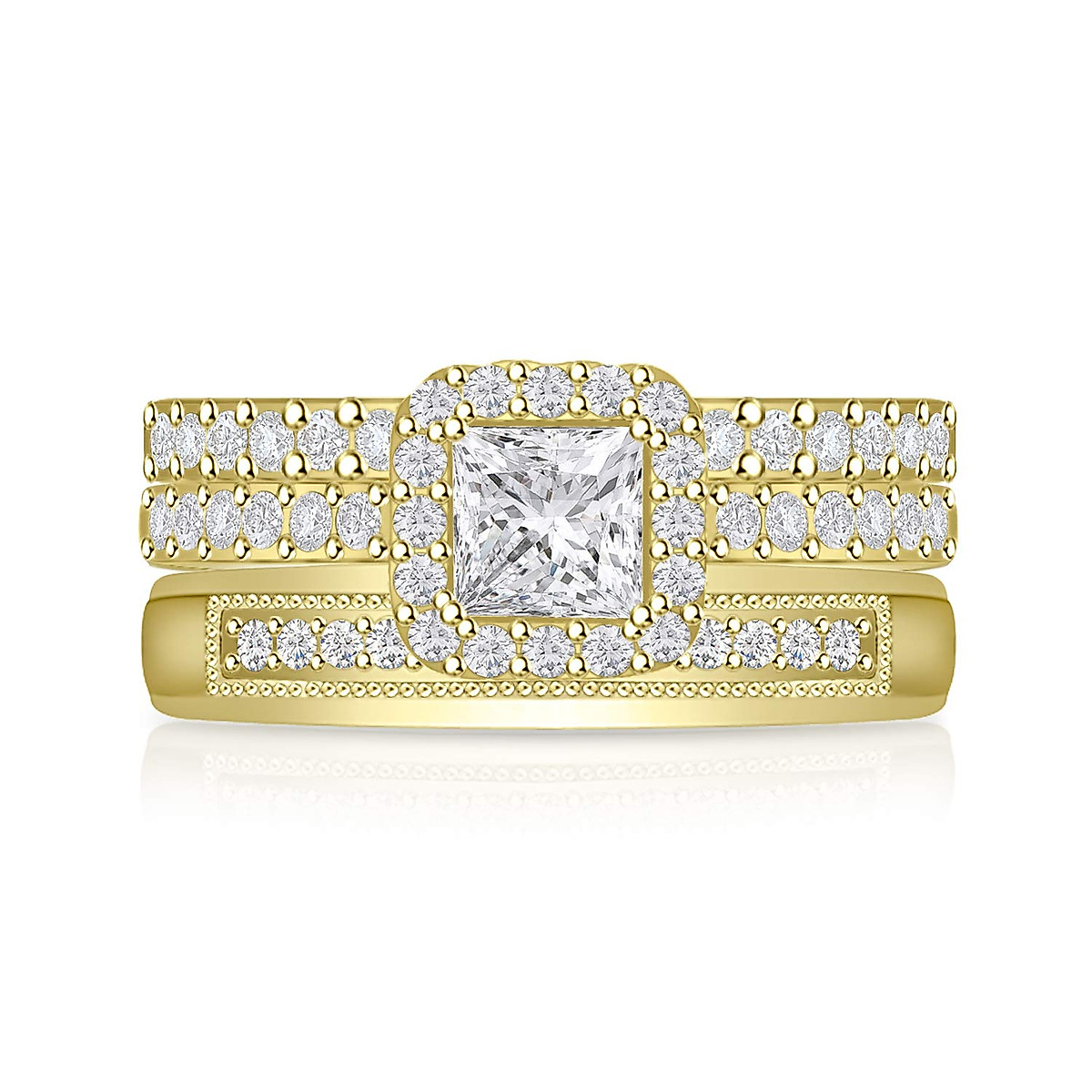 DiscountHouse4you 14k Yellow Gold Over 1.40 cttw Round Cubic Zirconia His and Hers Halo Engagement Ring Set Matching Trio Wedding Bands for Him Her Bride Groom Valentine's Day Gift