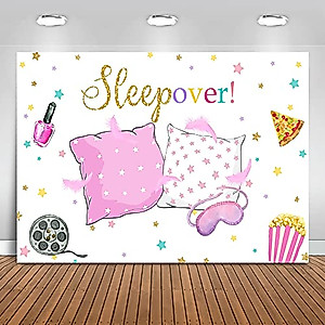 Mocsicka Sleepover Party Backdrop Sleepover Pajamas Pillow Fight Pink Girl Party Decorations Slumber Party Banner Photography Background Cake Table Studio Props (5x3ft)