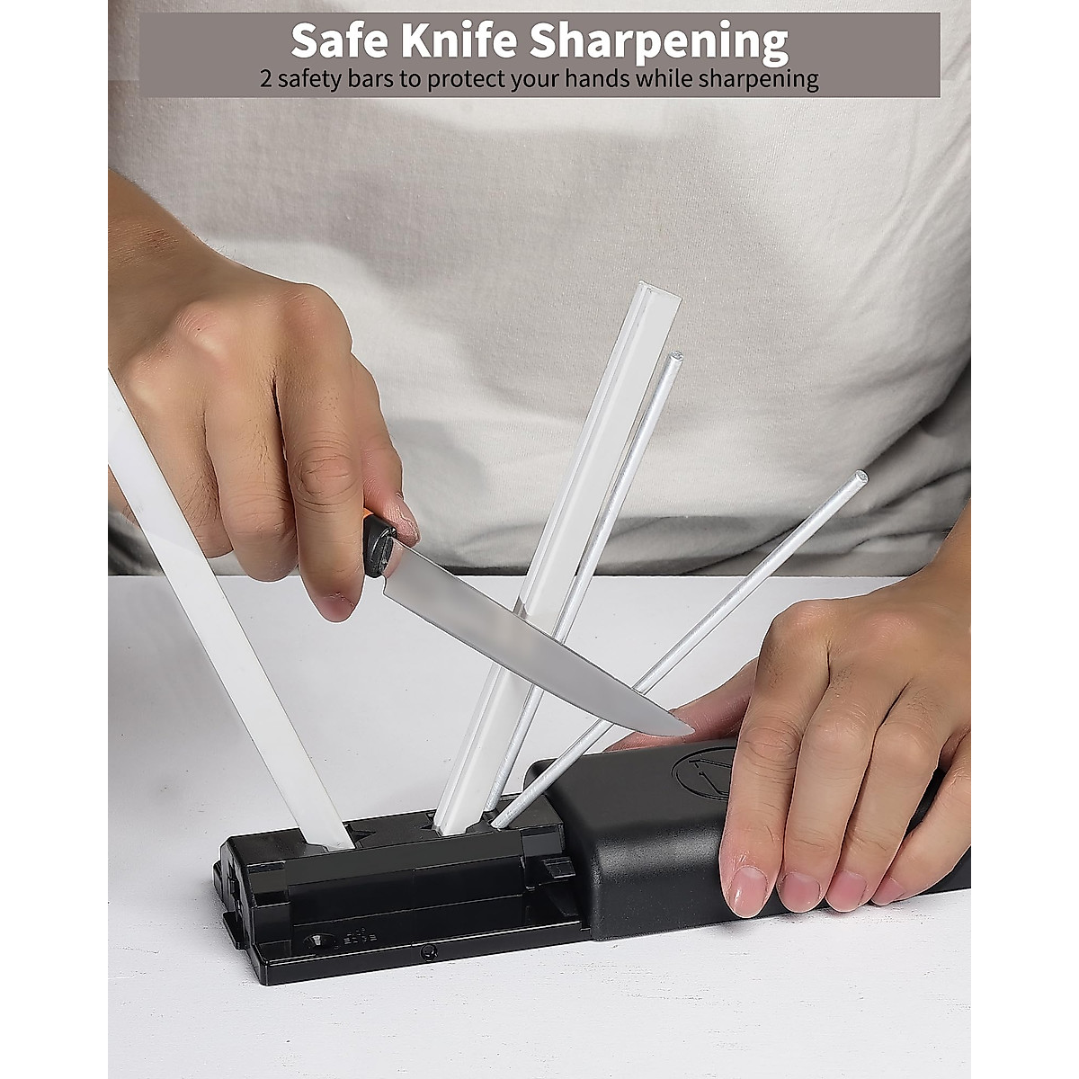 Tri knife sharpener with Safety Rods, Premium Alumina Ceramic Stones, Sharpener Rods for Quickly Repairing and Polishing Straight for Kitchen Knives, Scissors, and Razors