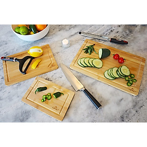 Ginsu Cutting Board Set – 3Pcs Bamboo Cutting Board for Chopping, Slicing, Dicing – Heavy Duty Butcher Block Countertop Household Supplies – Protects Cooking Surface, Knife Blade