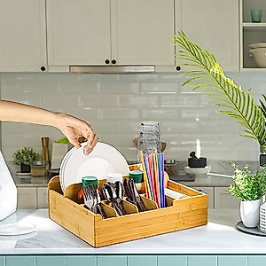 Frcctre Bamboo Utensil Caddy Organizer for Countertop, 8 Compartment Paper Plate Holder, Adjustable Utensil Holder Silverware Organizer Cutlery Organizer Box for Plate, Cup, Fork, Spoon, Napkin