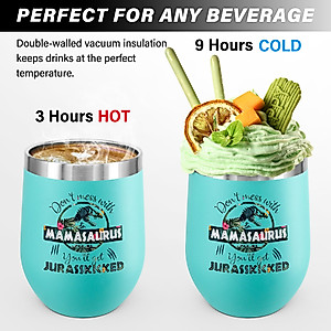 ATHAND Mothers Day Gifts for Mom,Mamasaurus Tumbler Gifts for mother in law with Lid 12oz Wine Glasses,Mom Cup Double Wall Insulated Coffee Mug,Birthday Gift for Wife Women (Mint)