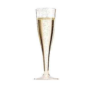 50 Plastic Champagne Flutes - Disposable Champagne Flute - Gold Glitter Plastic Champagne Glasses for Parties, Mimosa Bar, Events, Wedding and Shower Party Supplies - Toasting Cocktail Cups