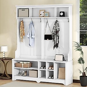 Rovibek Hall Tree with Bench and Shoe Storage Coat Rack 60in Entryway Bench Wooden Shoe Rack Storage Cabinet Shelf Entryway Furniture Home Organizer for Living Room Entryway, White