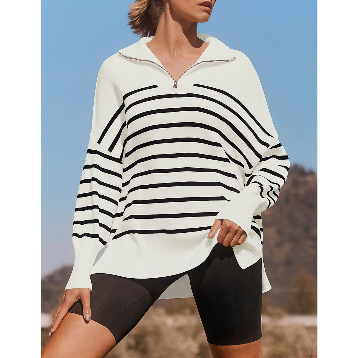 ZESICA Women's Striped Sweaters Half Zipper Long Sleeve Ribbed Knit Loose Oversized Pullover Sweater Tops,White,Small