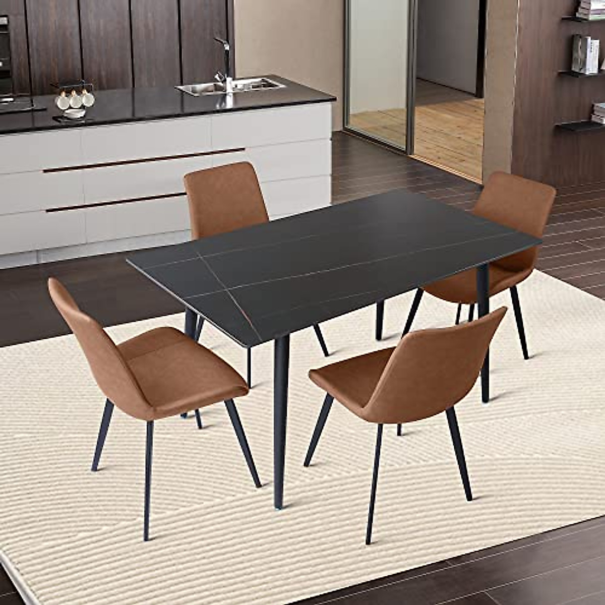 Zerifevni 5 Piece Dining Table Set, Dining Chairs Set of 4, Modern Kitchen Table Set Top with Slate Stone, Metal Base & Legs, Dining Room Table and Leather Chairs (Brown,1 Table with 4 Chairs)