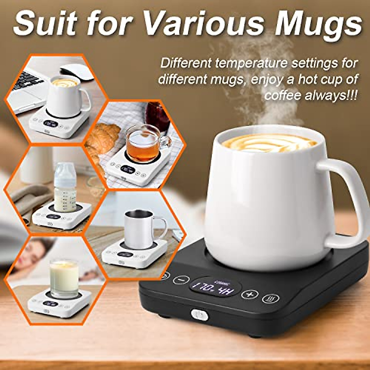 Feify Coffee Mug Warmer，Electric Coffee Warmer for Desk Home Office, Auto On/Off Gravity-Induction Smart Cup Warmer with 9 Temperature Setting，1-9 Timer Beverage Warmer Plate for Candle Milk Tea Black