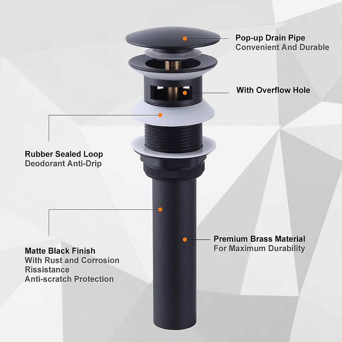 kimzcn Bathroom Sink Drain with Overflow Vessel Sink Stopper Pop Up Drain Assembly Matt Black D500031B