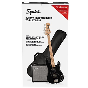 Squier by Fender Precision Bass Guitar Kit, Affinity Series, Laurel Fingerboard, Black, Poplar Body, Maple Neck, with Guitar Bag and Rumble 15 Amp Bass Amp, Cable, Guitar Strap and More