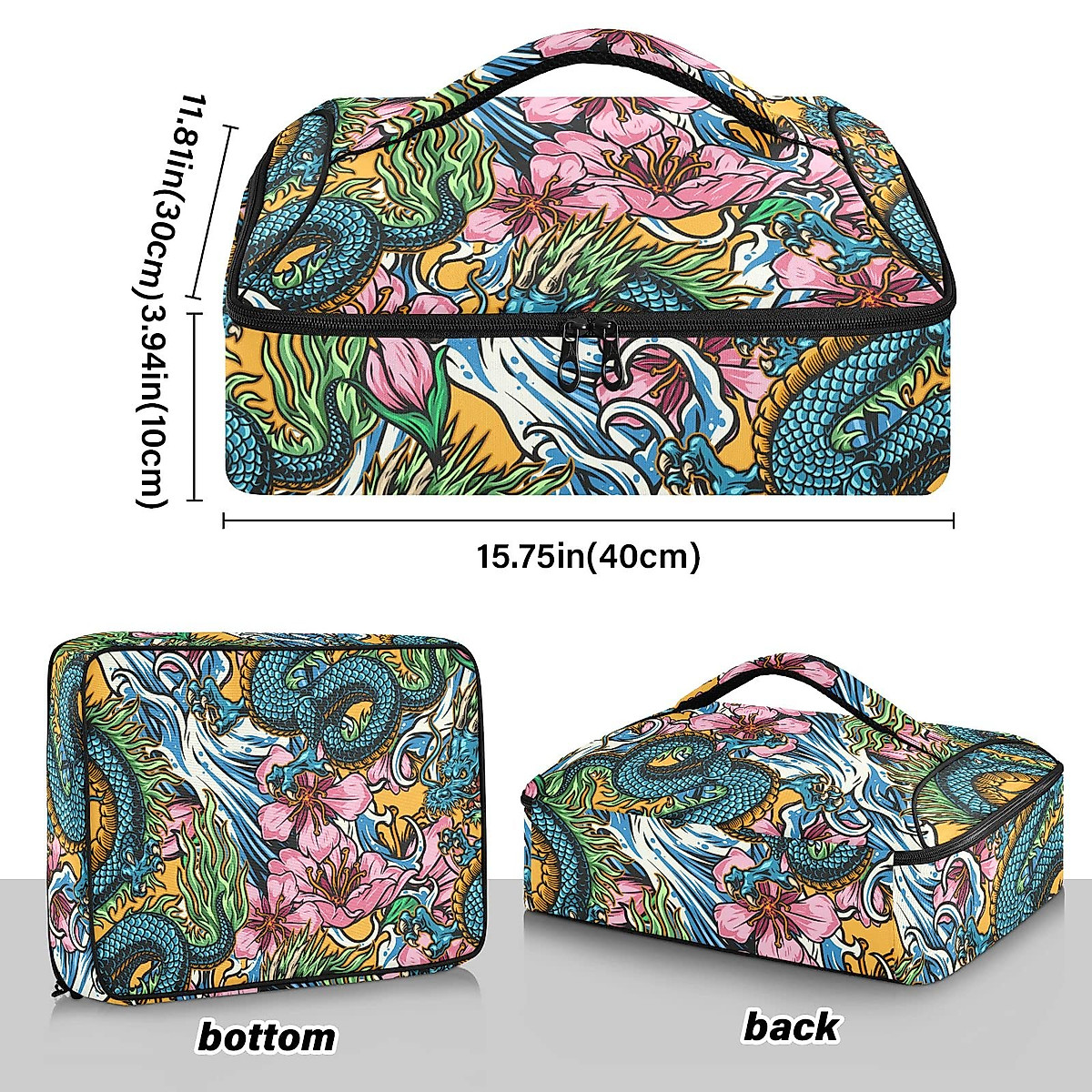 NFMILI Casserole Carrier for Hot and Cold Blue Japanese Dragon Print, Insulated Food Delivery Bag Reusable Warmer Carrier Bag with Inner Pocket Aesthetic Print 15.75×11.81×3.94 inch