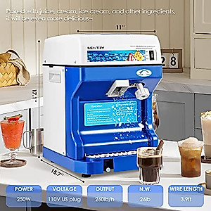 NEWTRY Commercial Ice Shaver Machine Electric Ice Cube Crusher Snow Cone Maker Thickness Adjustable 260lb/h for Small Ice Cubes Summer Parties Bar Use 110V US