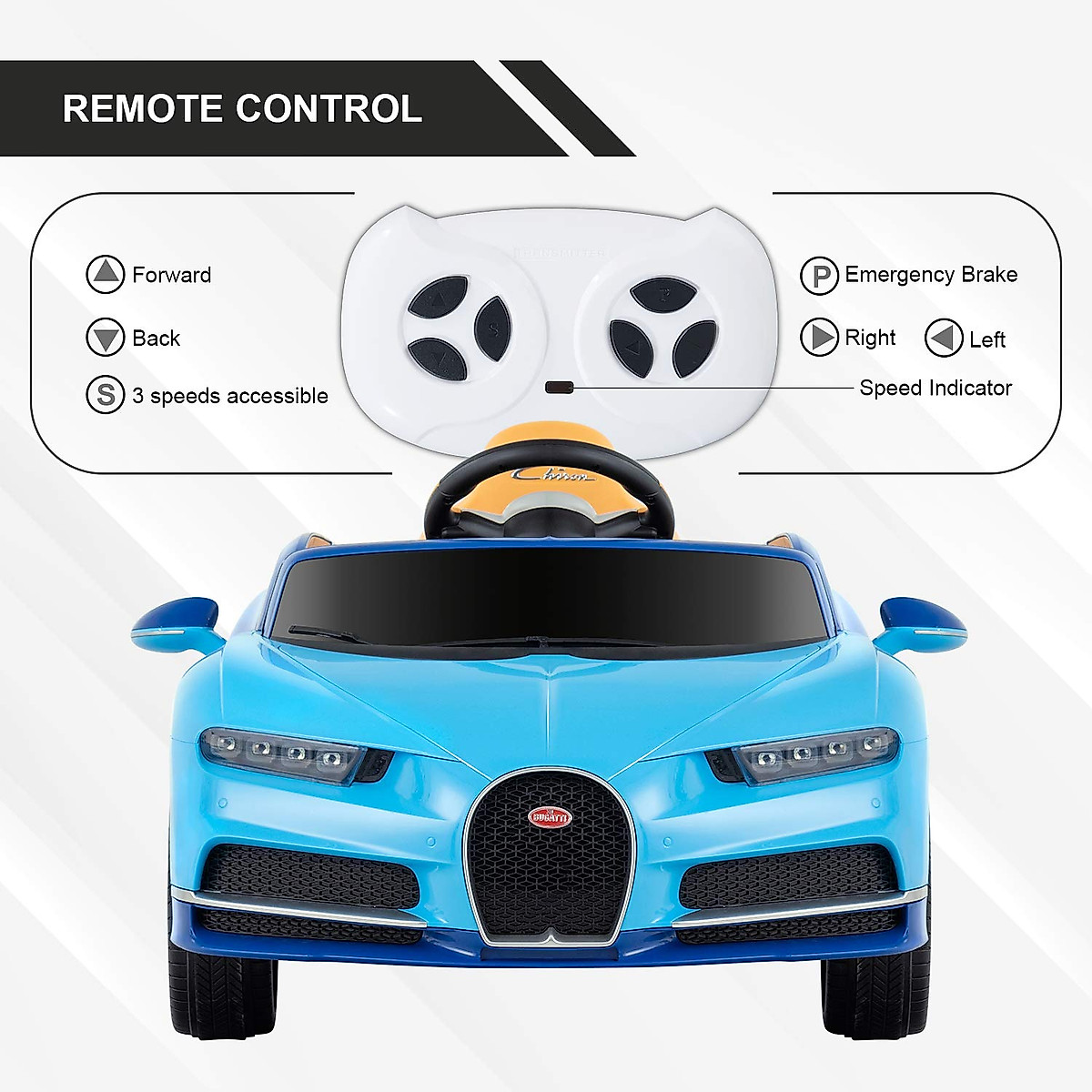 Uenjoy 12V Licensed Bugatti Chiron Kids Ride On Car Battery Operated Electric Cars for Kids with RC Remote Control, LED Lights, Music& Horn, Storage Room, Blue
