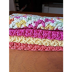 Handmade crochet washcloths, dishcloths * thick and dense* 100% cotton set of 4 (Ovr rainbow, dark pink, coral and yellow colors)