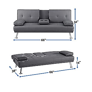 Naomi Home Futon Sofa Bed, Faux Leather Futon Couch with Armrest and 2 Cupholders, Pull Out Sofa Bed Couch Convertible with Metal Legs, Folding, Reclining Couch Bed, Futon Bed for Living Room - Gray