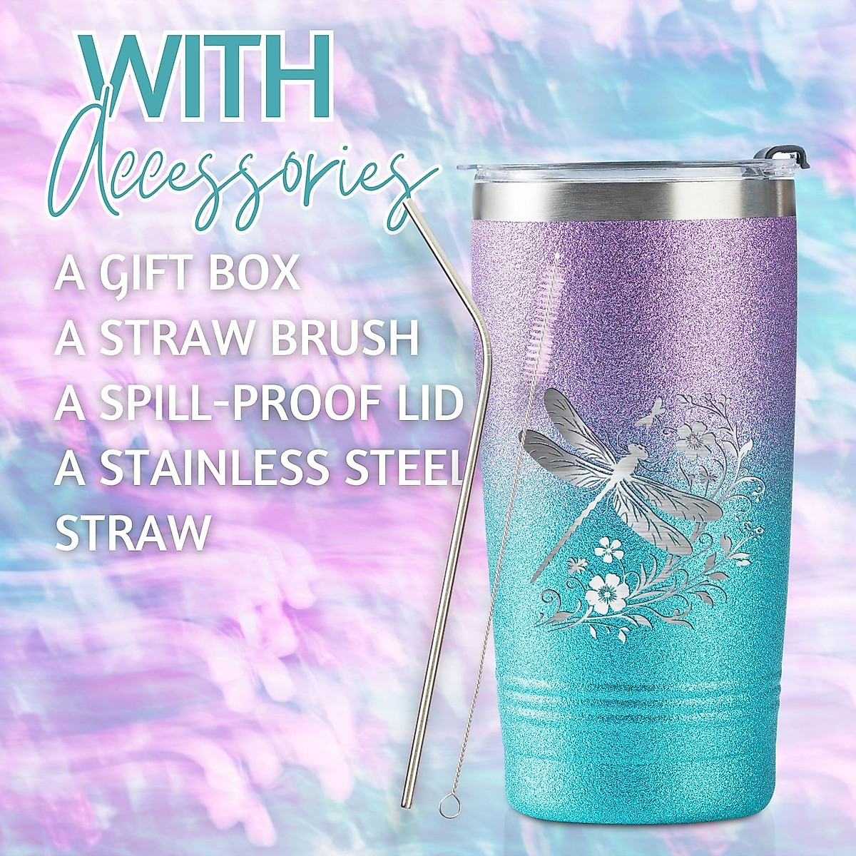 Onebttl Dragonfly Gifts, Dragonfly Coffee Travel Mug for Dragonfly Lovers, Men, Women, Daughter - Stainless Steel 20Oz Tumbler Glitter Purple and Blue