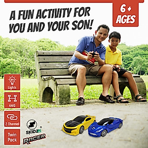 Skidz RC Cars for Kids, Remote Control Toy Car; High Speed Racer Boys Ages 6-7 Years 8-12 4WD Off-Road 1:24 Scale 2 Two Pack R/C Set 27mhz and 49Mhz 4Channel, Full Function (Blue and Yellow)