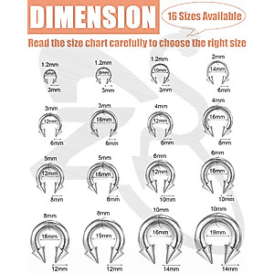 ZS Surgical Steel Spiked Horseshoe Circular Barbell, 00G 0G 2G 4G 6G 8G 12G 16G PA Rings, CBR Nose Septum Nipple Tragus Lip Ear Body Piercing Jewelry (Sliver,6G,16mm)