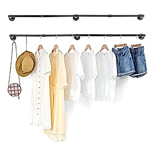 iflove Industrial Pipe Clothing Rack, 70 Inch Wall Mounted Clothes Rack, Wall Racks Hangers Laundry Room for Hanging Clothes, Closet Rods, Display Rack for Retail, SET OF 2, Black with 4 Hooks