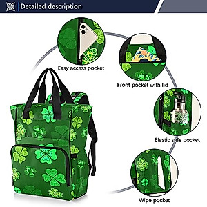 St Patrick's Day Clover Leaves Diaper Bag Backpack for Baby Boys Girls Baby Essentials Travel Tote with Stroller Straps & Bottle Storage Large Travel Diaper Backpack for Shopping Hiking Traveling