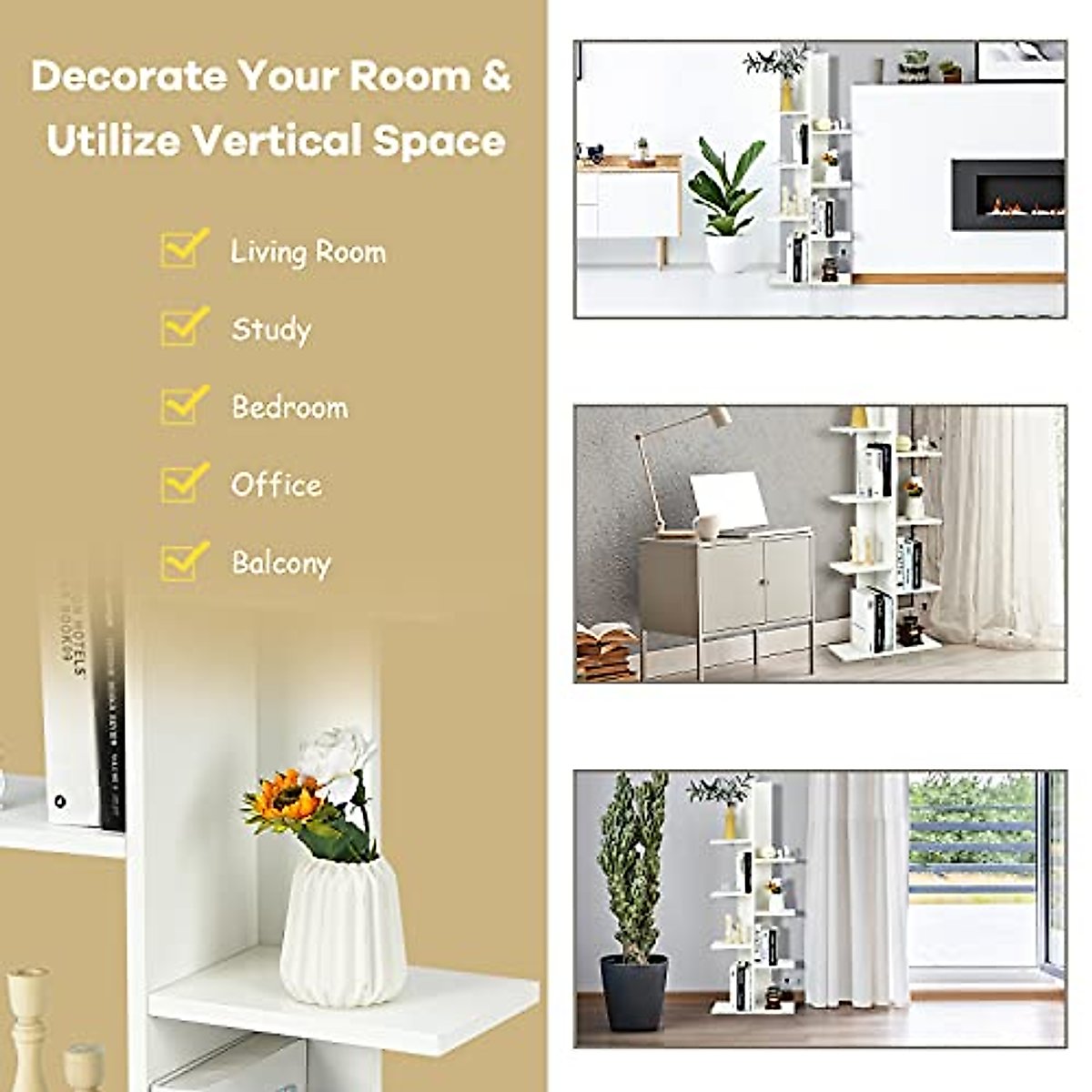 Tangkula 8 Shelf Bookshelf, Wooden Tree Bookcase with 8 Book Shelf, 20”L x 8”W x 55.5”H, Freestanding 8 Tier Storage Display Shelf with Anti-toppling, Corner Shelf for Living Room Home Office (White)
