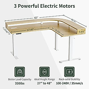 FEZIBO Triple Motor L Shaped Stadning Desk with LED Strip & Power Outrlets，63 inches Height Adjustable Stand up Corner Desk with Ergonomic Monitor Stand, White Frame/Natural Top