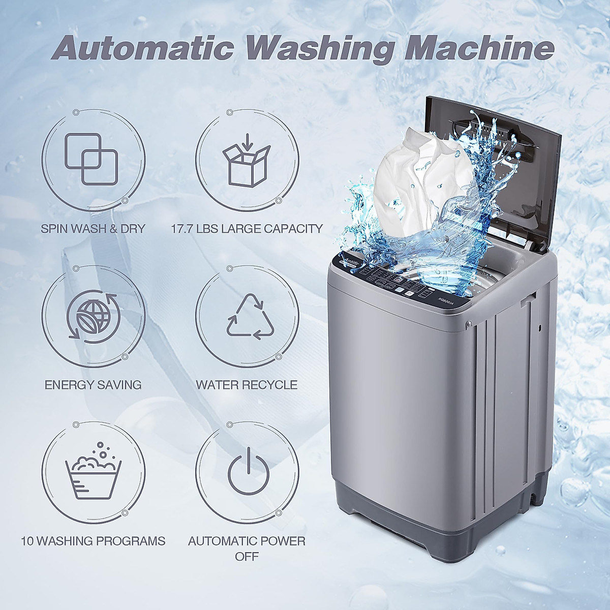 Portable Washing Machine,17.7 LBS Full-Automatic Washer and Dryer Combo,Compact Laundry Washing Machine with Drain Pump,10 Wash Program & 8 Water Level,Low Noise for Apartment Dorm RV Household
