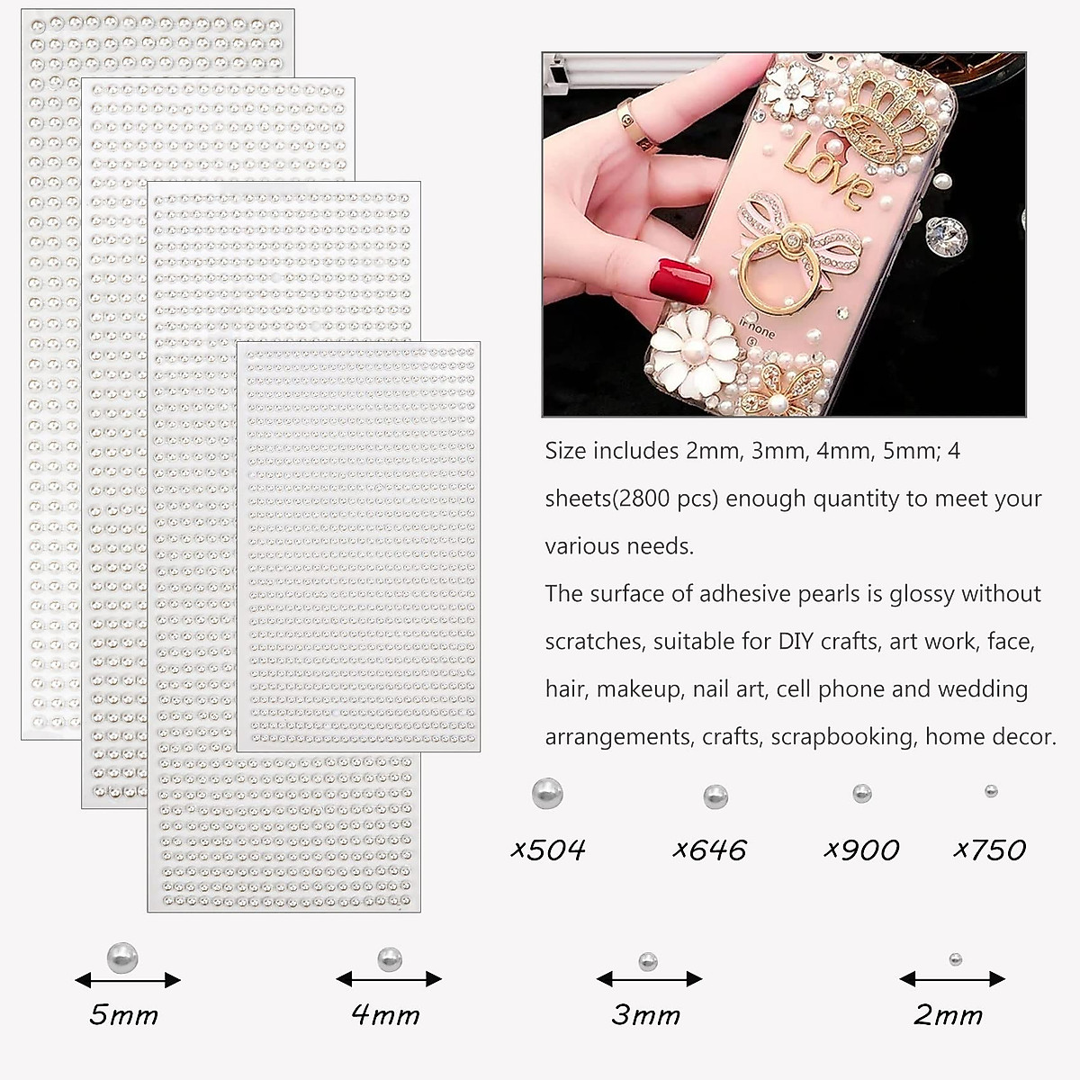 8 Sheets 4100 PCS White Pearl Rhinestone Stickers,3D Self Adhesive Face Gems Stick on Hair Eyes Face Body Makeup Flat Pearl Eyeshadow Sticker Tattoo Gem Women Nail Art Decoration DIY Craft Rhinestones