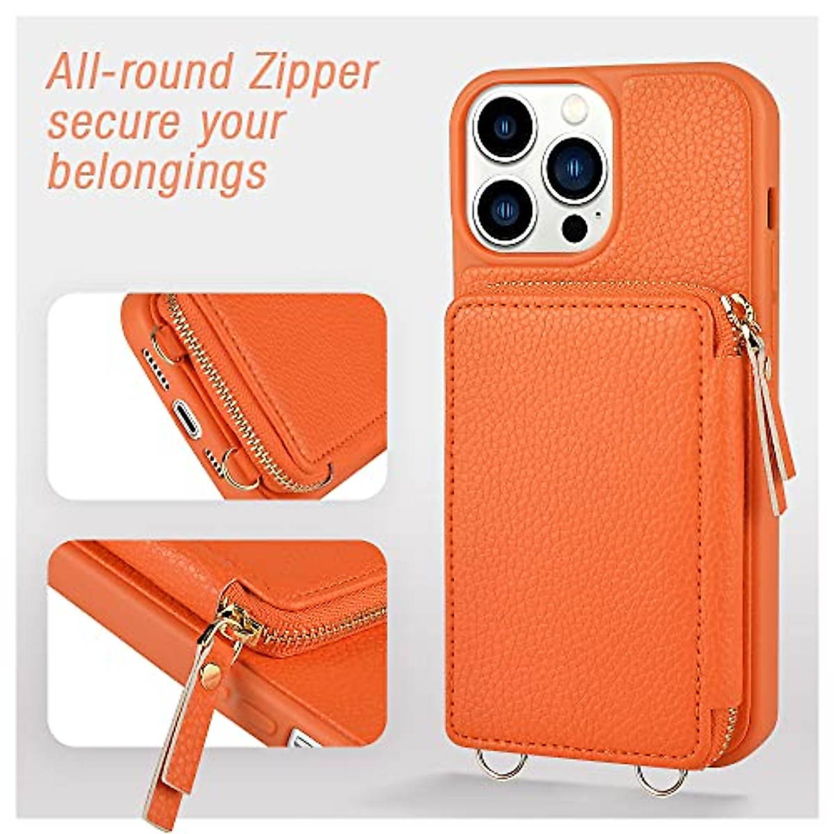 ZVE for iPhone 13 Pro Wallet Case Crossbody, Zipper Phone Case with RFID Blocking Card Holder Wrist Strap Purse Cover Gift for Women Carrying Compatible with iPhone 13 Pro (6.1 inch, 2021)-Orange