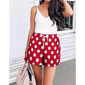 KS-QON BENG Women's Shorts Polka Dot Red Print High Waist Short Pants with Pockets Casual Beach Pants