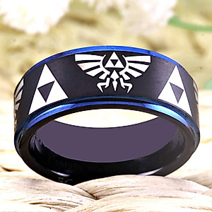 CLOUD DANCER The Legend of Zelda Ring - Crest and Triforce Ring Tungsten Wedding Bands Ring-FREE Custom Engraving (8mm Blue, 13)