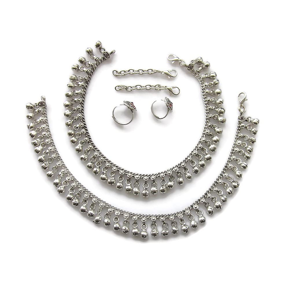 Anklet Pair Chain Bell Tassel Handcrafted | Boho Gypsy Goth Hippie Festival Vintage Style Ankle Bracelet Feet Jewelry | Womens Novelty Fashion Accessory | Indian Payal Metallic Silver Oxidized Finish