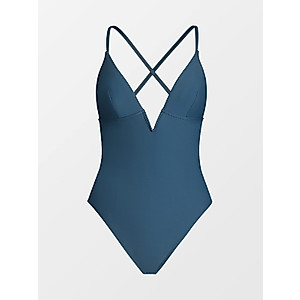 CUPSHE Women Swimsuit One Piece Bathing Suit Deep V Neck Crisscross Back Adjustable Strap Blue M