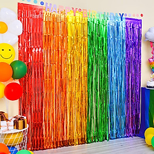 LOLStar Rainbow Foil Fringe Curtains, 2 Pack Rainbow Party Decorations 3.3x6.6ft Tinsel Metallic Streamers Holiday Photo Booth Props Backdrop for Birthday Wedding Engagement Bridal Shower Unicorn