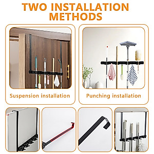 UKQRRTC Over The Door Broom Holder with Hooks Stainless Steel Broom Holder Wall Mount Space Saving Mop Broom Holder Easy to Install Mop and Broom Organizer for Laundry Room Garage Kitchen Bathroom