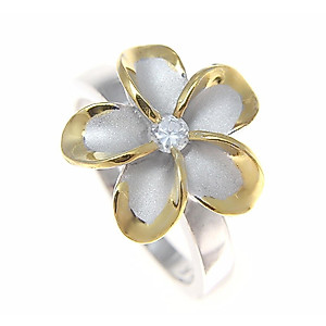 Arthur's Jewelry Sterling silver 925 Hawaiian plumeria flower cz ring 15mm rhodium and yellow gold plated 2 tone size 8.5