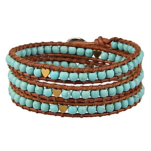 KELITCH Turquoise Heart Beads Bracelets Genuine Leather 3 Wrap Bracelet Handmade Fashion Women Jewelry (Blue C)