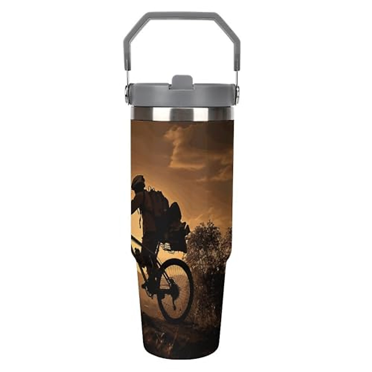 30oz Stainless Steel Insulated Tumbler with Flip Lid & Straw, Leakproof Travel Mug for Car, Mountain Bike in The Evening Double Wall Vacuum Thermal Coffee Cup with Handle, Spill-Proof Design for Hot/C