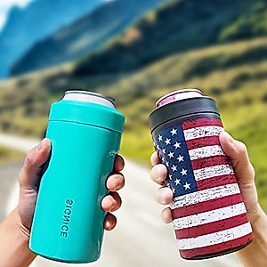 4-IN-1 Insulated Can Cooler with Lid - Newest Signice 12 Oz Stainless Steel Can Cooler Double Walled Vacuum Insulator for Skinny Tall Slim Can/Standard Regular Can/Beer Bottle (Aqua)