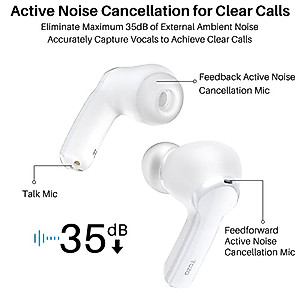 TOZO NC2 Hybrid Active Noise Cancelling Wireless Earbuds, in-Ear Detection Headphones, IPX6 Waterproof Bluetooth 5.2 Stereo Earphones, Immersive Sound Premium Deep Bass Headset, White
