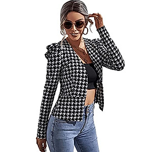 SweatyRocks Women's Casual Houndstooth Blazer Long Puff Sleeve Open Front Jacket Black White M