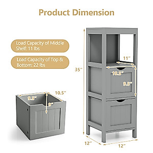 Tangkula Small Bathroom Storage Cabinet with 2 Removable Drawers, Wood Freestanding Floor Cabinet for Bathroom, Anti-Tipping Device, Side Corner Small Cabinet for Small Spaces (Grey)