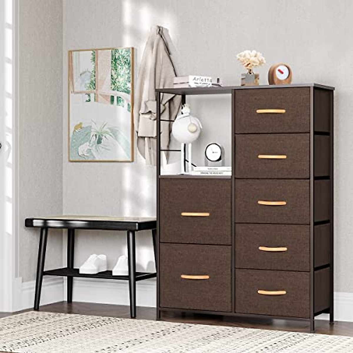 VredHom Fabric Dresser Storage Organizer, 7 Drawers Dresser with Shelves, Storage Dresser Fabric Storage Closets Storage Units Tower Steel Frame Wooden Top for Bedroom, Hallway, Nursery, Entryway
