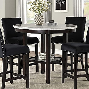 New Classic Furniture Celeste 5-Piece Faux Marble Round Counter Set with 1 Table and 4 Chairs, 42-Inch, Black
